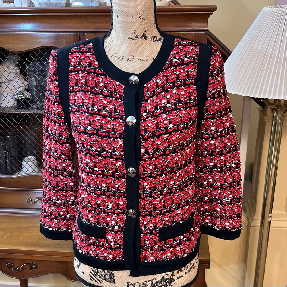 St John Red And Black Boucle Tweed Jacket In Like New… - Gem